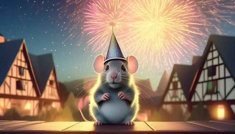 Mouse New Year Party with Fireworks Cartoon Stock Illustration ...