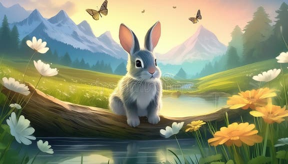 Rabbit in field cartoon stock photo. Image of bunny - 341967788