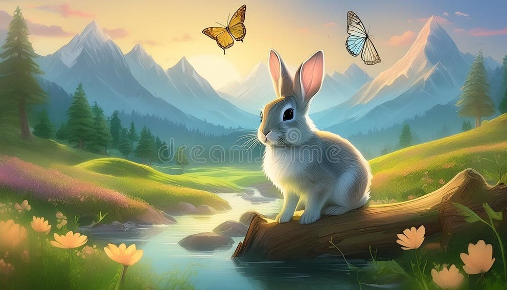 Rabbit in field cartoon stock photo. Image of meadow - 341967796