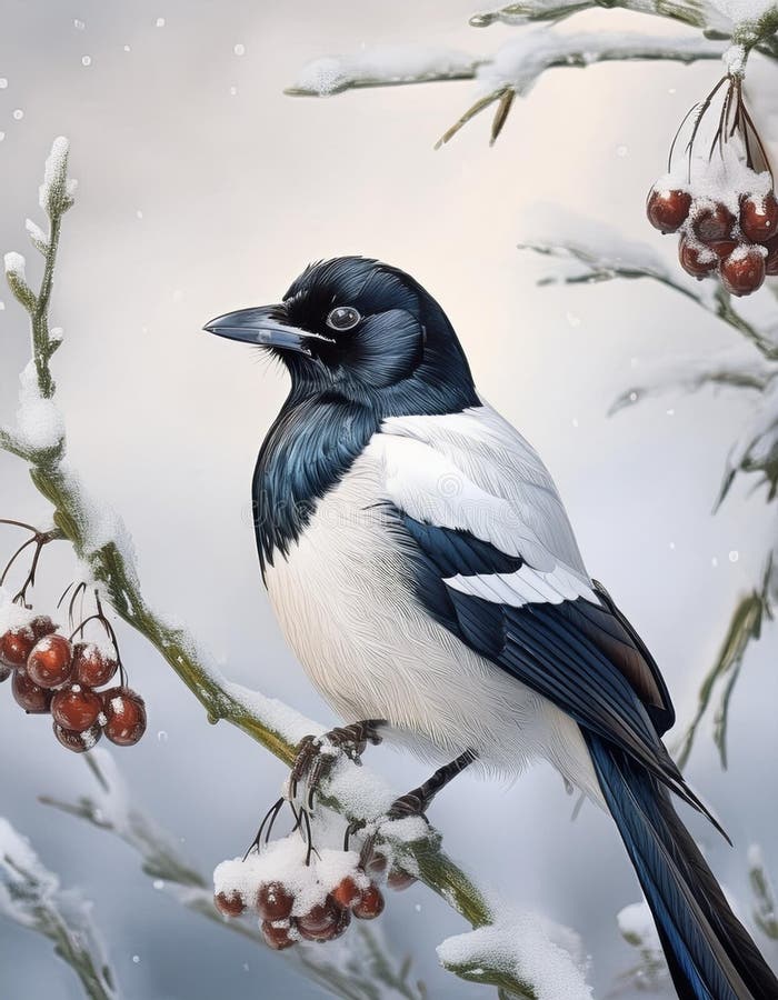 Magpie in the snow Cartoon stock image. Image of cartoon - 342139271