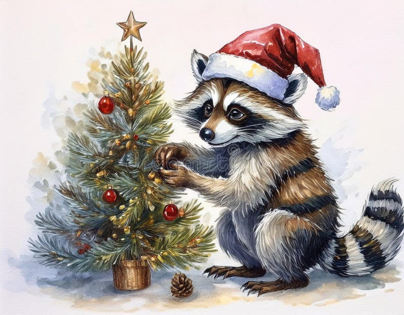 Christmas Raccoon with Tree Cartoon Stock Photo - Image of card, animal ...