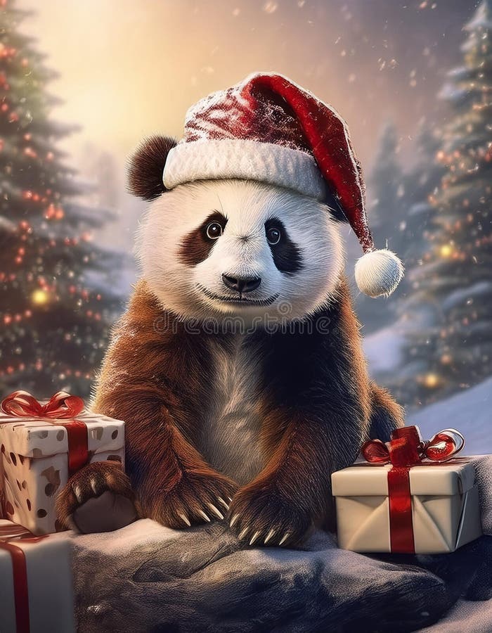 Christmas Panda with Gifts and Decoration Cartoon Stock Image - Image ...