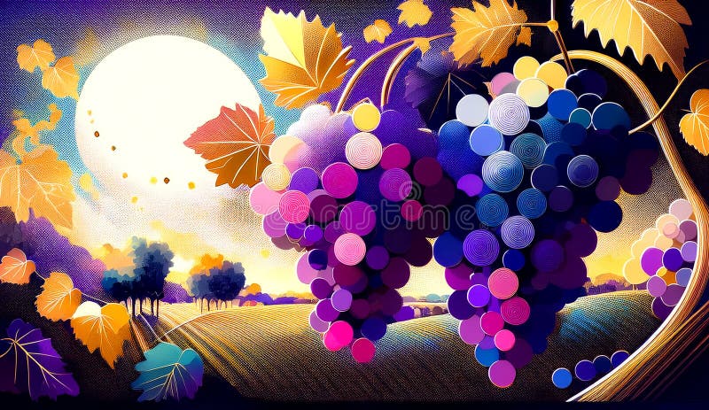 An Artistic Concept Sketch of a Landscape with Bunches of Ripe Grapes ...