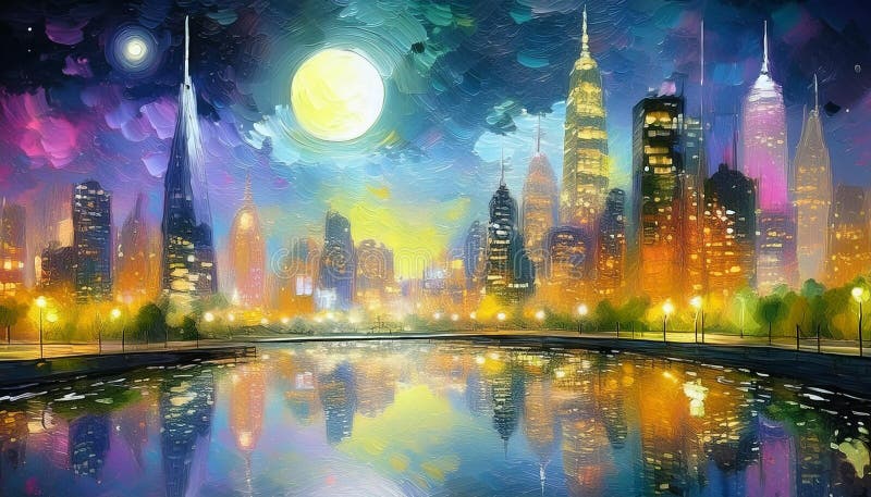 A Night Time Metro City with Skyscrapers, Neon Lights, and Moonlit ...