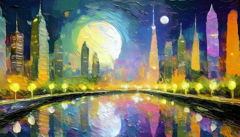 A Night Time Metro City with Skyscrapers, Neon Lights, and Moonlit ...