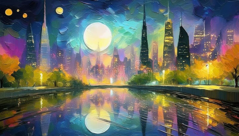 A Night Time Metro City with Skyscrapers, Neon Lights, and Moonlit ...