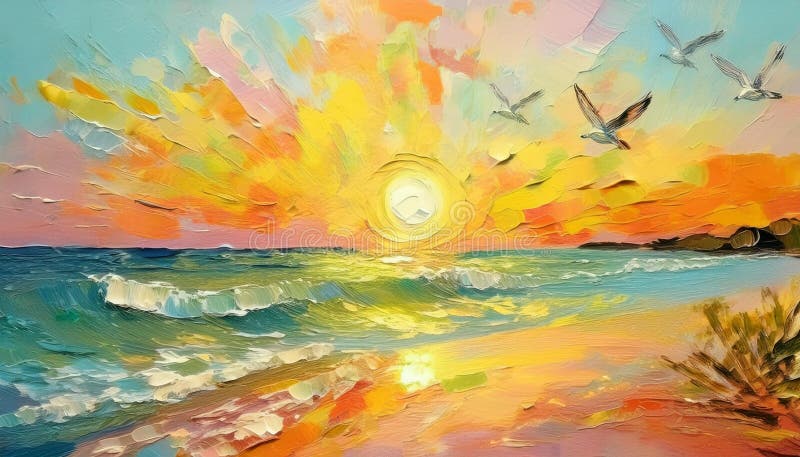 Sunset Beach with Golden Sky, Gentle Waves, and Soaring Seagulls. Stock ...