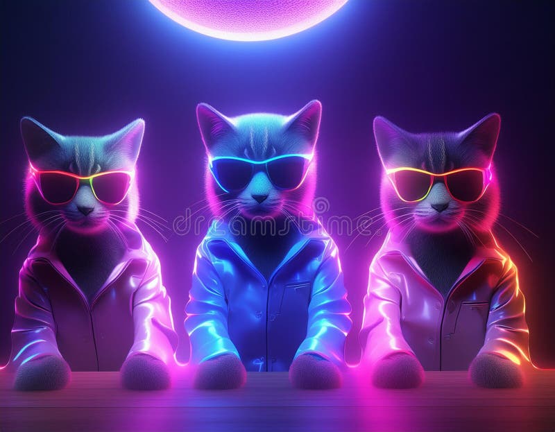 Cute Fun Pijama Party for Three Cool Cats Wearing Sunglasses Under the ...