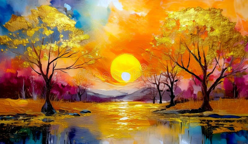 An Artistic Concept Sketch of a Landscape with Water Reflection and ...