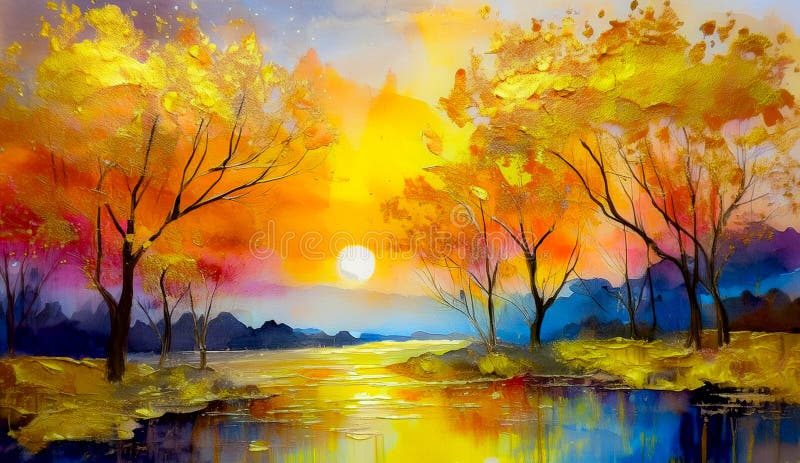 An Artistic Concept Sketch of a Landscape with Water Reflection and ...