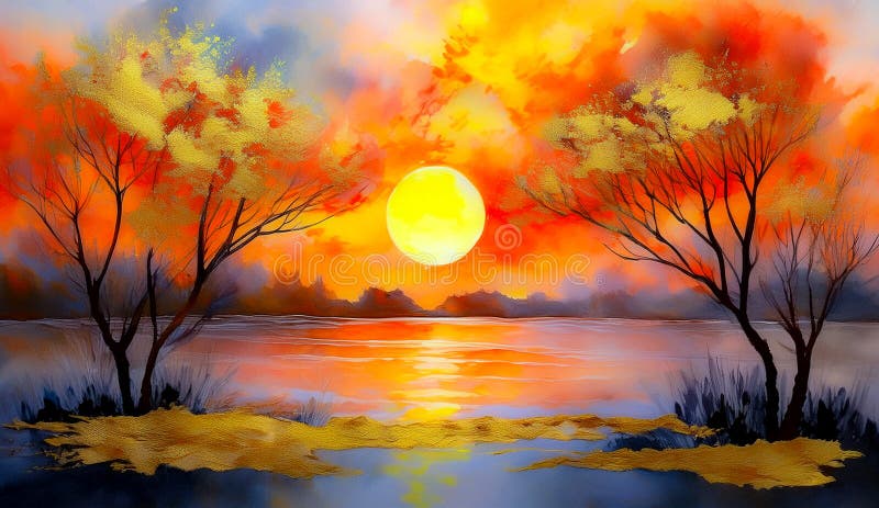 An Artistic Concept Sketch of a Landscape with Water Reflection and ...