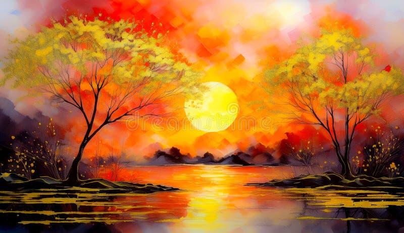 An Artistic Concept Sketch of a Landscape with Water Reflection and ...