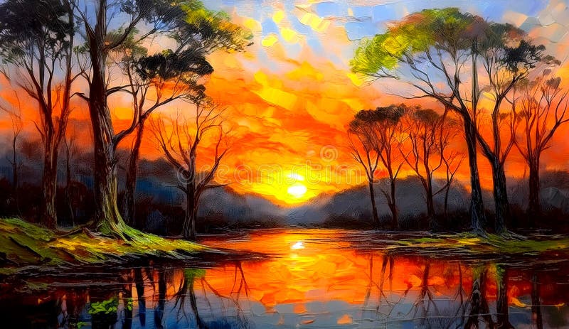 An Artistic Concept Sketch of a Landscape with Water Reflection and ...