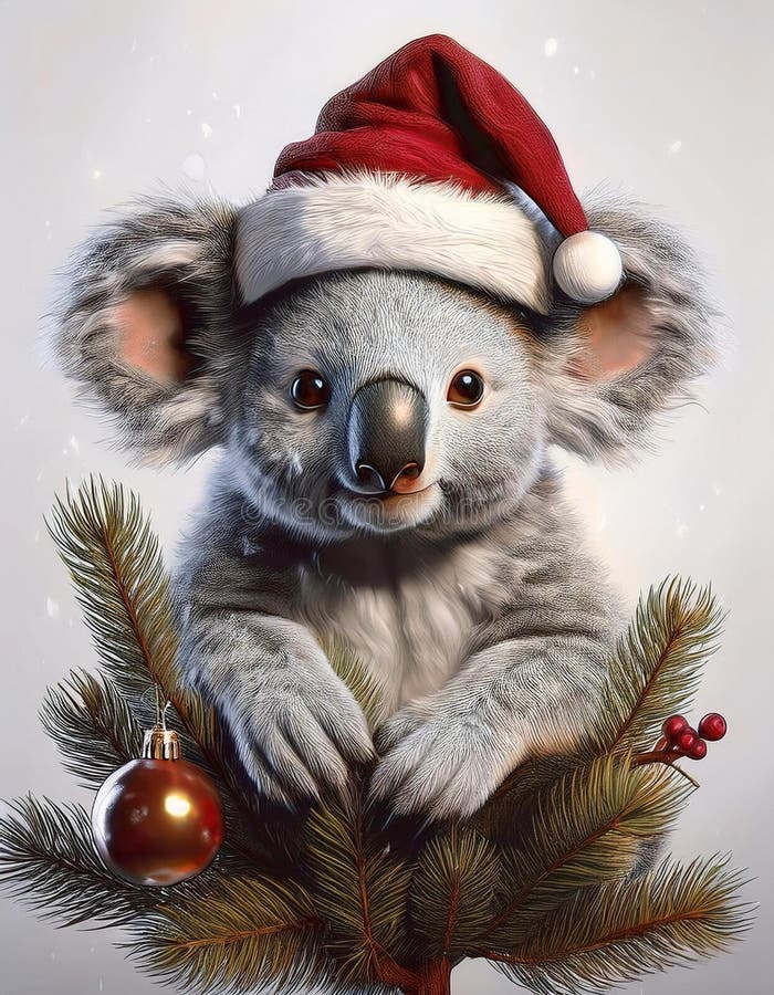 Christmas Koala with Santa Hat Cartoon Stock Photo - Image of animals ...