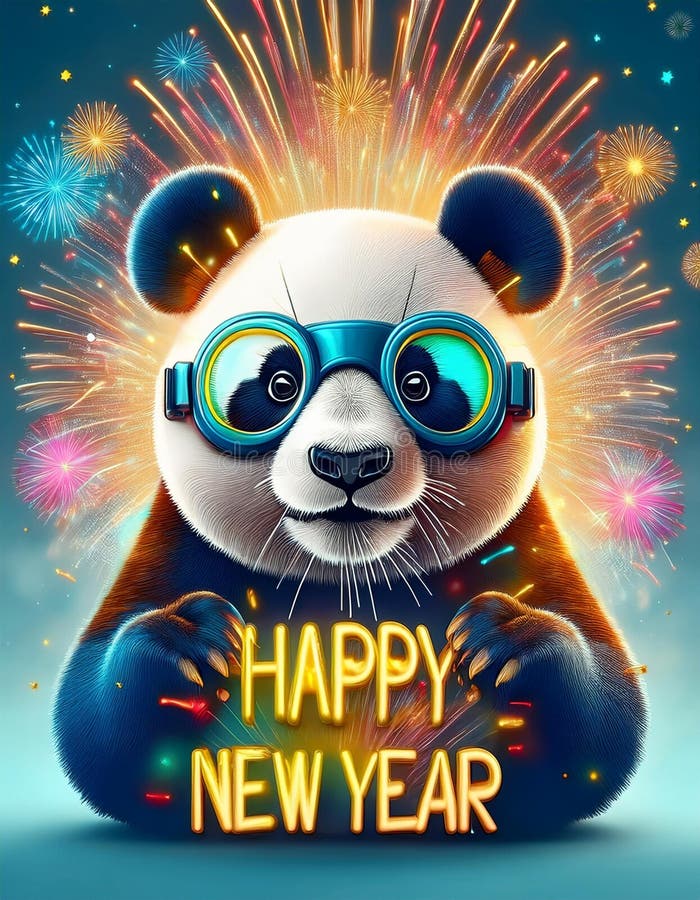 Happy New Year Panda with Fireworks Cartoon Stock Image - Image of year ...