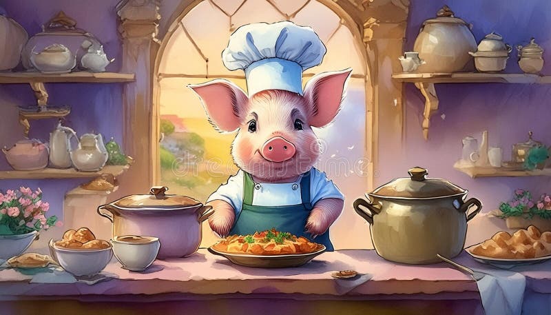 Piglet Chef Cooking in Kitchen Cartoon Stock Illustration ...