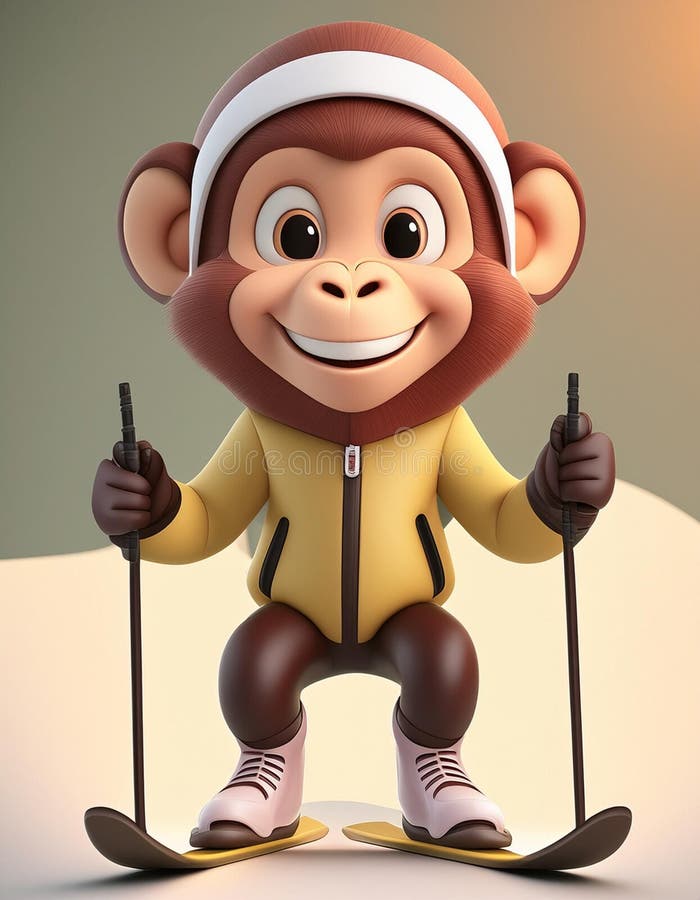 Monkey in the Snow Skiing Cartoon Stock Illustration - Illustration of ...