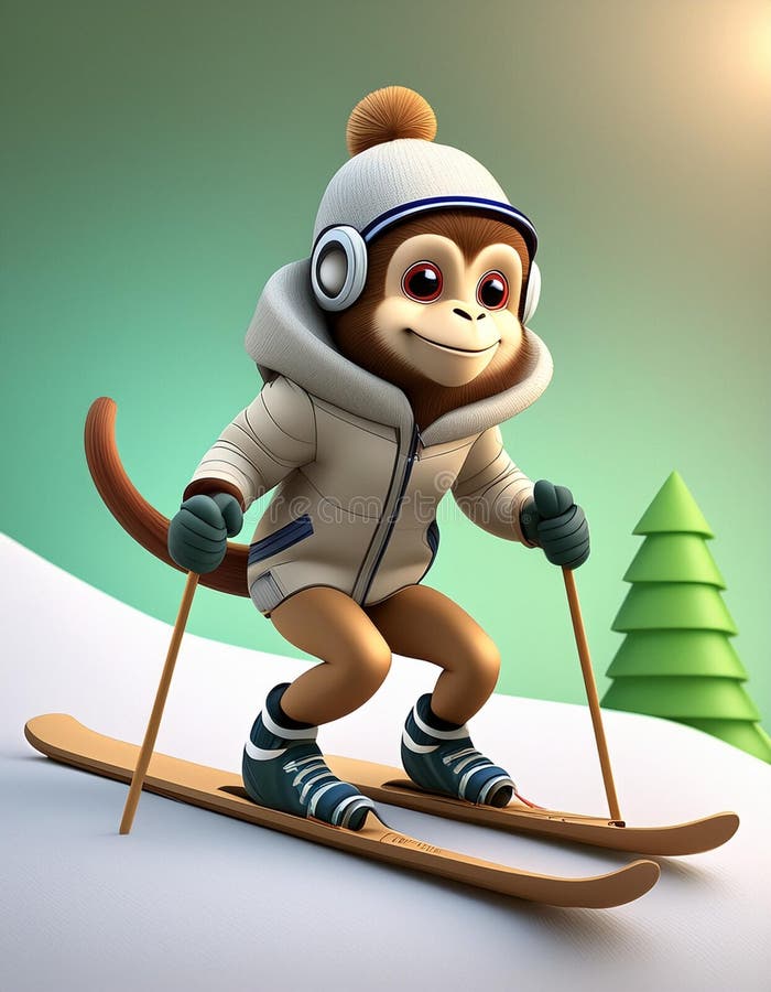 Monkey in the Snow Skiing Cartoon Stock Illustration - Illustration of ...