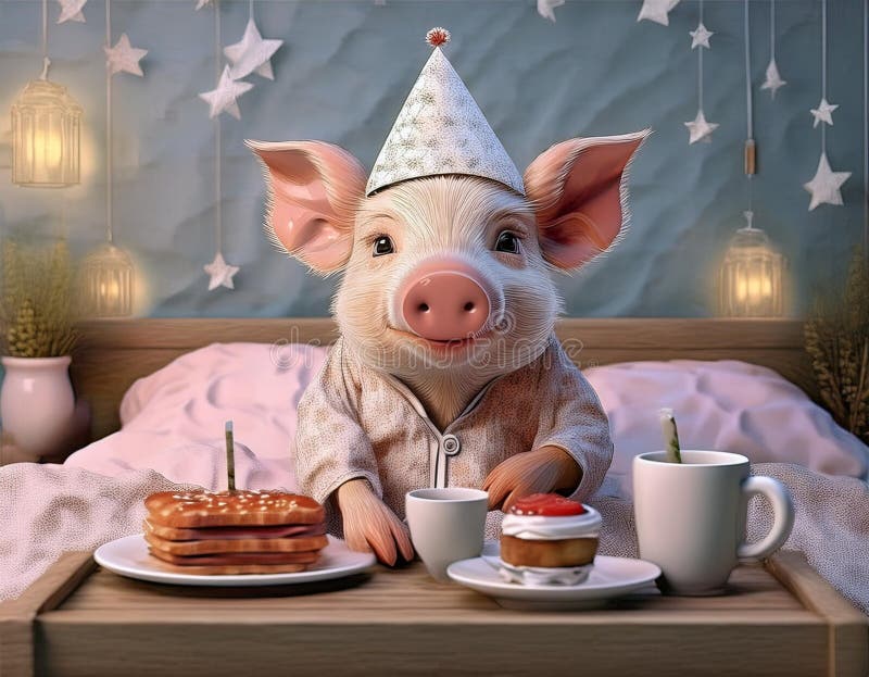 Birthday Piglet with Breakfast in Bed Cartoon Stock Illustration ...