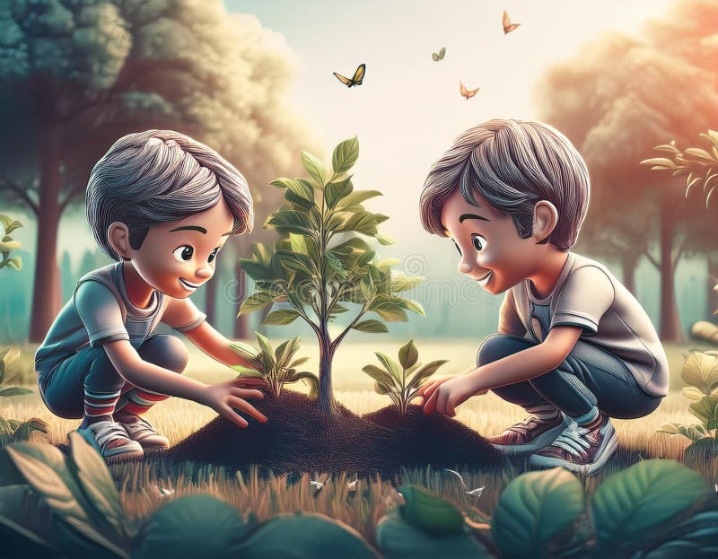 Child Planting Tree Cartoon Stock Illustration - Illustration of ...