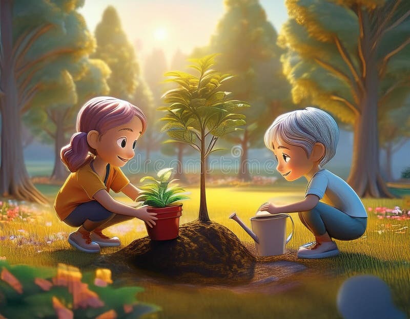 Child Planting Tree Cartoon Stock Illustration - Illustration of funny ...