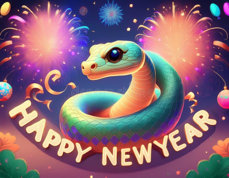 Happy New Year Snake Cartoon Stock Photo - Image of happy, fireworks ...