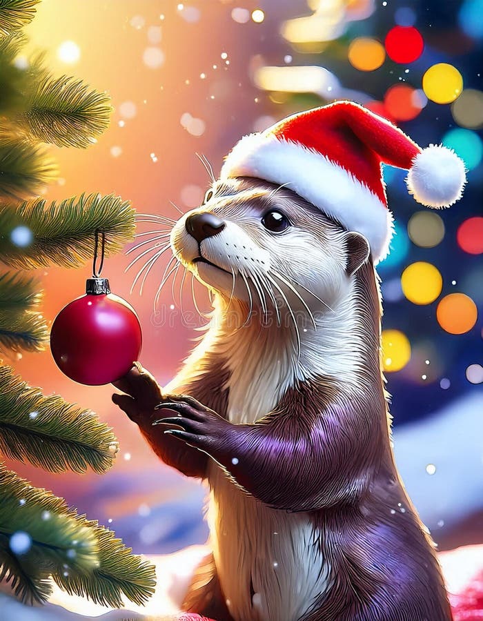 Christmas Otter with Santa Hat Cartoon Stock Illustration ...