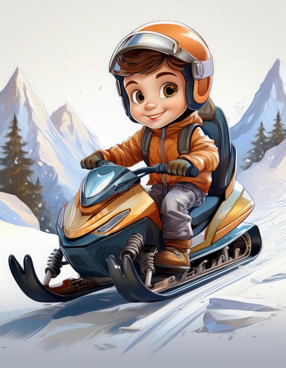 Child on Snowmobile in Winter Landscape Cartoon Stock Photo - Image of ...