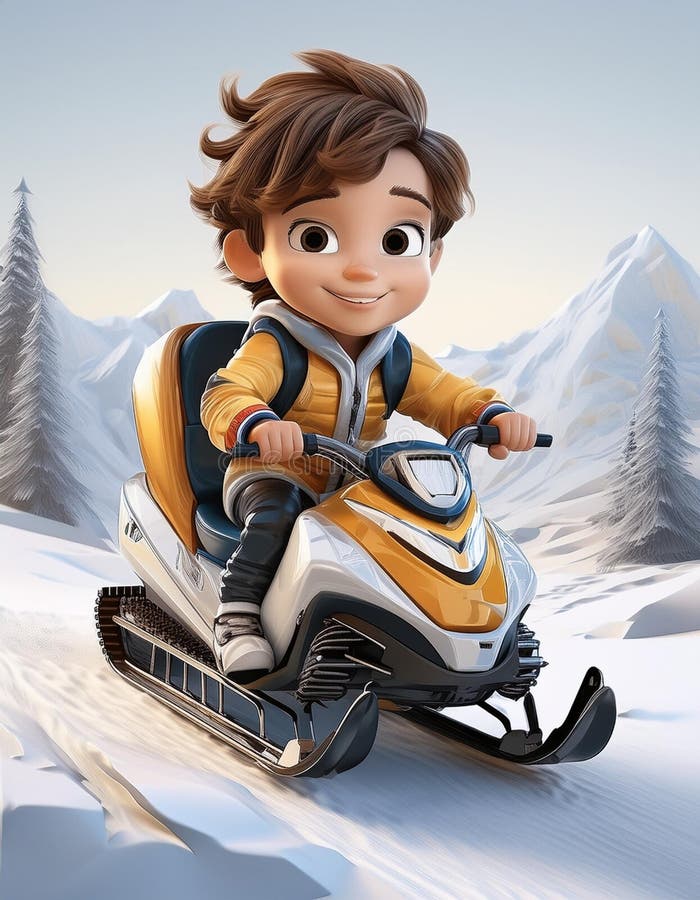 Child on Snowmobile in Winter Landscape Cartoon Stock Photo - Image of ...