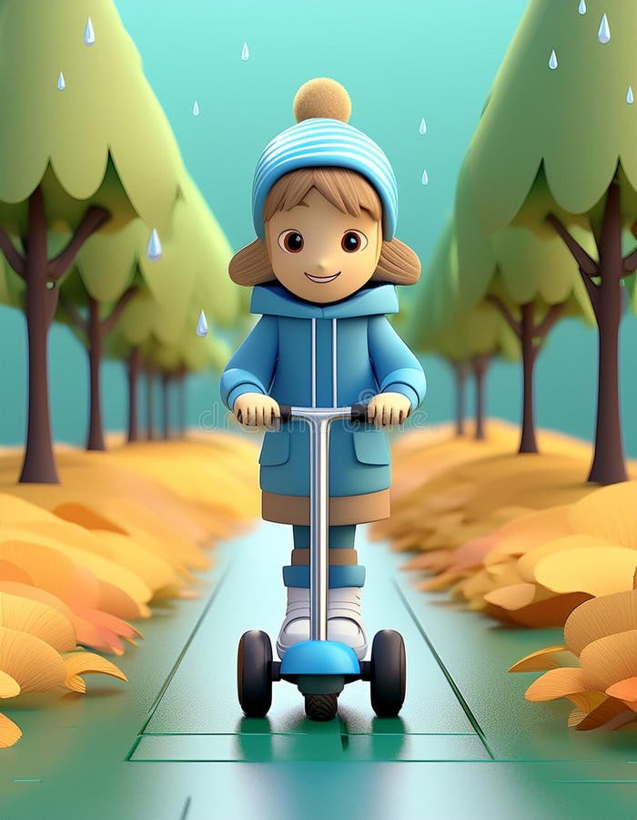Child on Scooter in Autumn Landscape Cartoon Stock Illustration ...