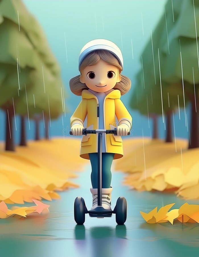 Child on Scooter in Autumn Landscape Cartoon Stock Illustration ...