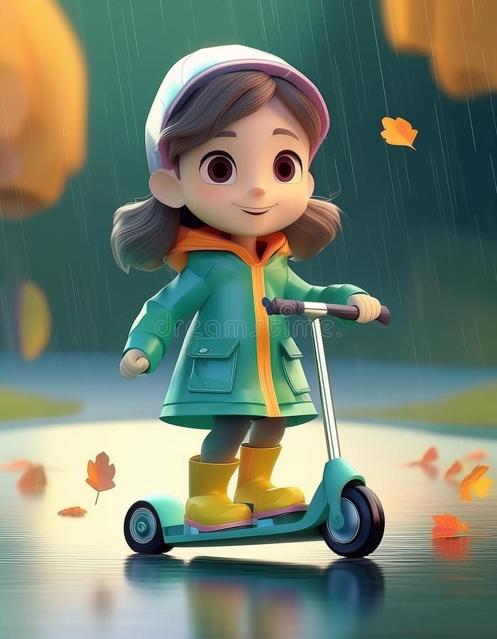 Child on Scooter in Autumn Landscape Cartoon Stock Illustration ...