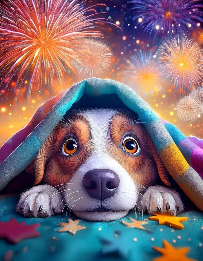 New Year Dog Scared of Fireworks Cartoon Stock Photo - Image of blanket ...