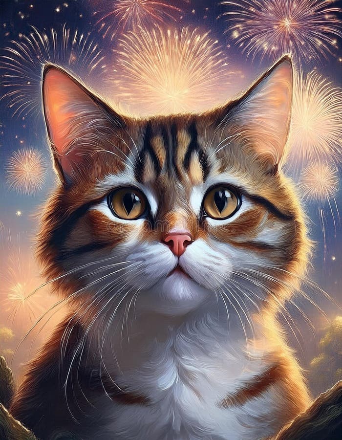 New Year Cat Scared of Fireworks Cartoon Stock Photo - Image of poster ...