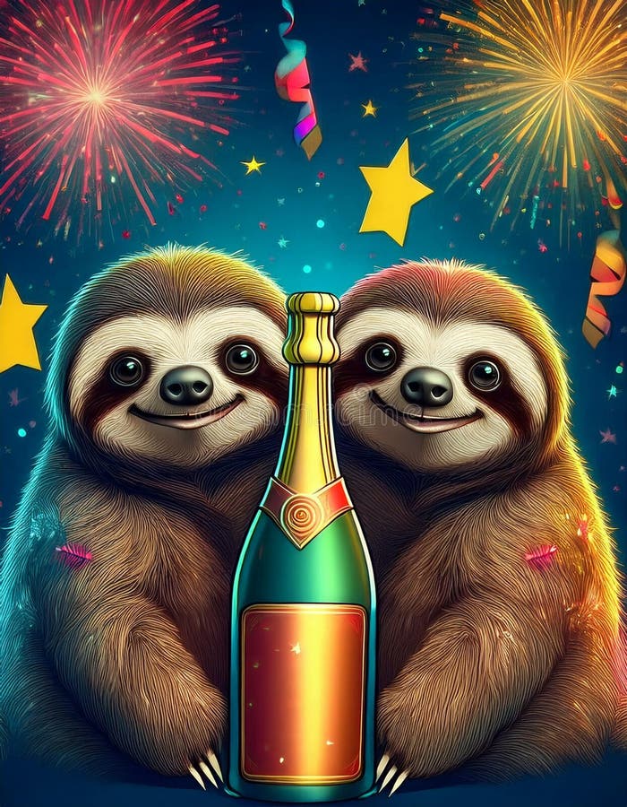 New Year Sloth with Fireworks Cartoon Stock Photo - Image of year ...