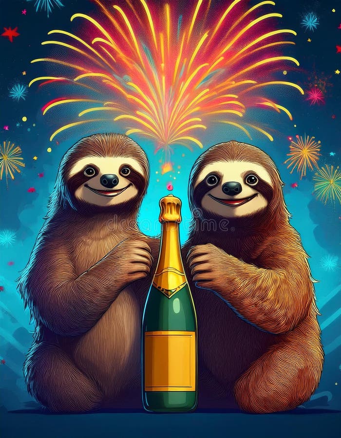 New Year Sloth with Fireworks Cartoon Stock Photo - Image of person ...