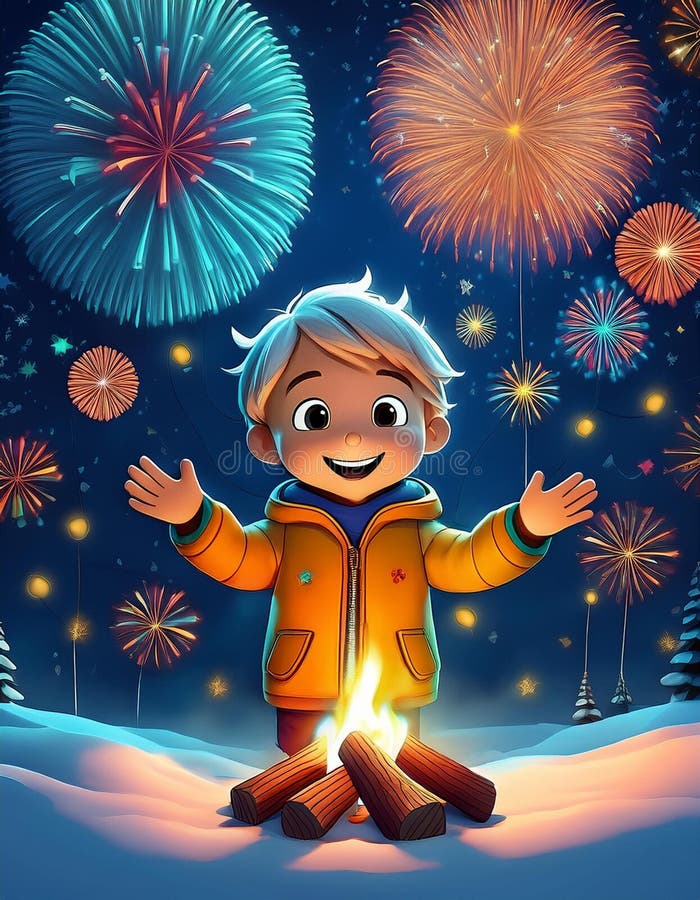 New Year Child in Snow with Fireworks Cartoon Stock Illustration ...
