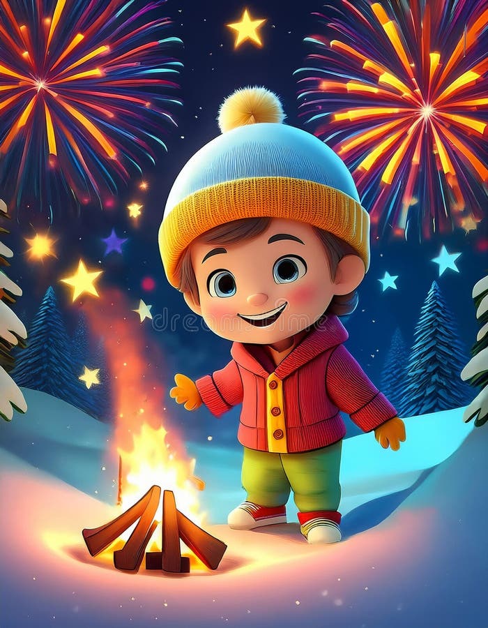 New Year Child in Snow with Fireworks Cartoon Stock Illustration ...