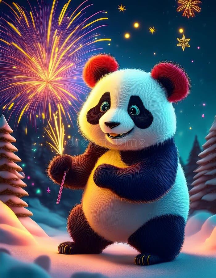 New Year Panda with Fireworks Cartoon Stock Image - Image of cartoon ...
