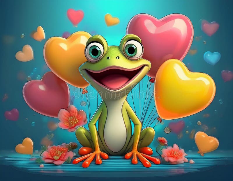 Frog Valentine with Flowers and Balloons Cartoon Stock Illustration ...