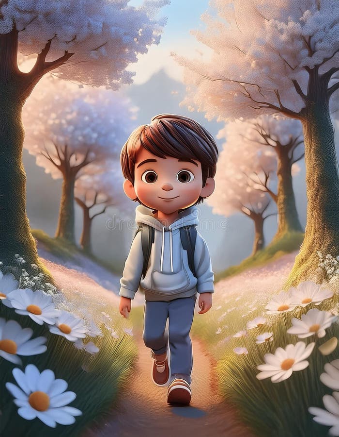 Child Hiking in Spring Forest Cartoon Stock Illustration - Illustration ...