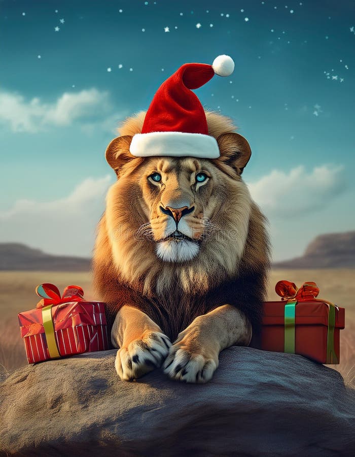 Christmas Lion with Santa Hat Cartoon Stock Illustration - Illustration ...