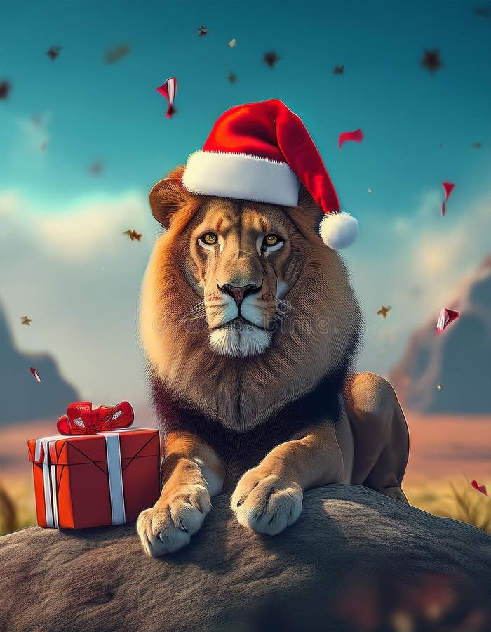 Christmas Lion with Santa Hat Cartoon Stock Illustration - Illustration ...