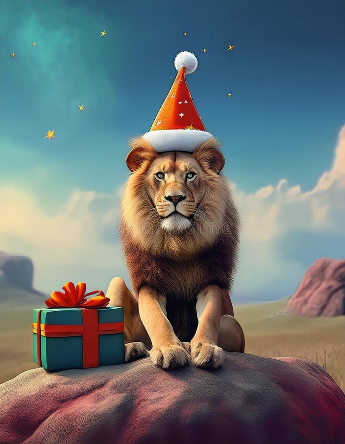 Christmas Lion with Santa Hat Cartoon Stock Illustration - Illustration ...