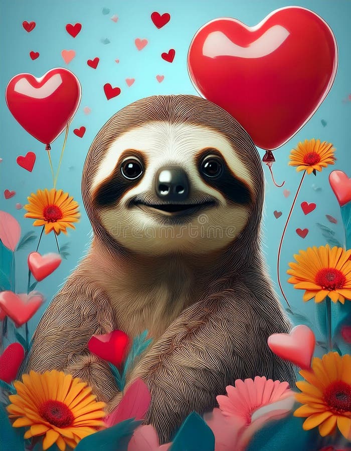 Sloth Valentine with Heart Balloons Cartoon Stock Photo - Image of ...