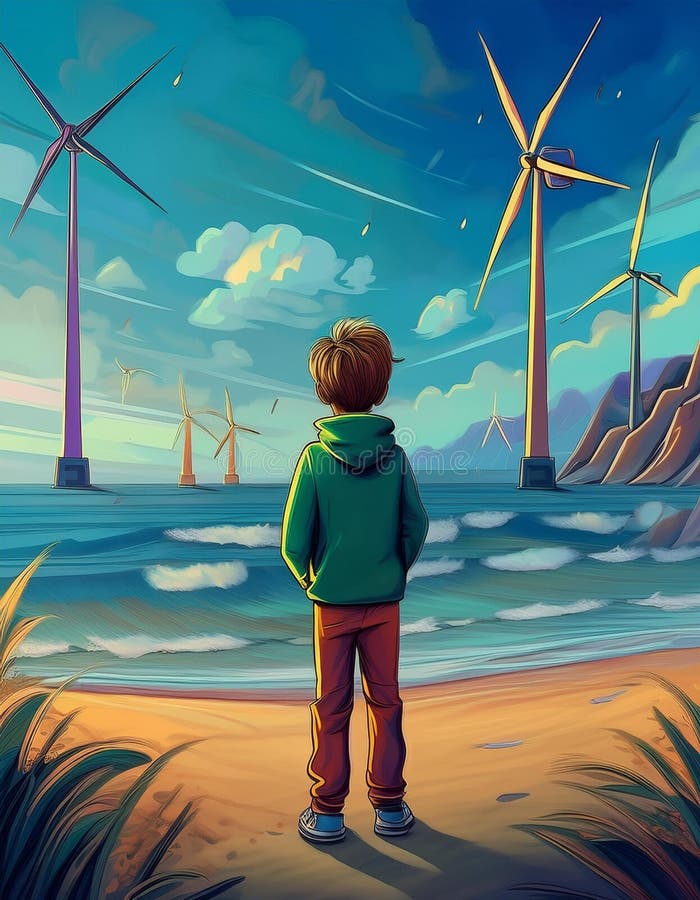 Windmill Park on Beach Child Watching Cartoon Stock Illustration ...