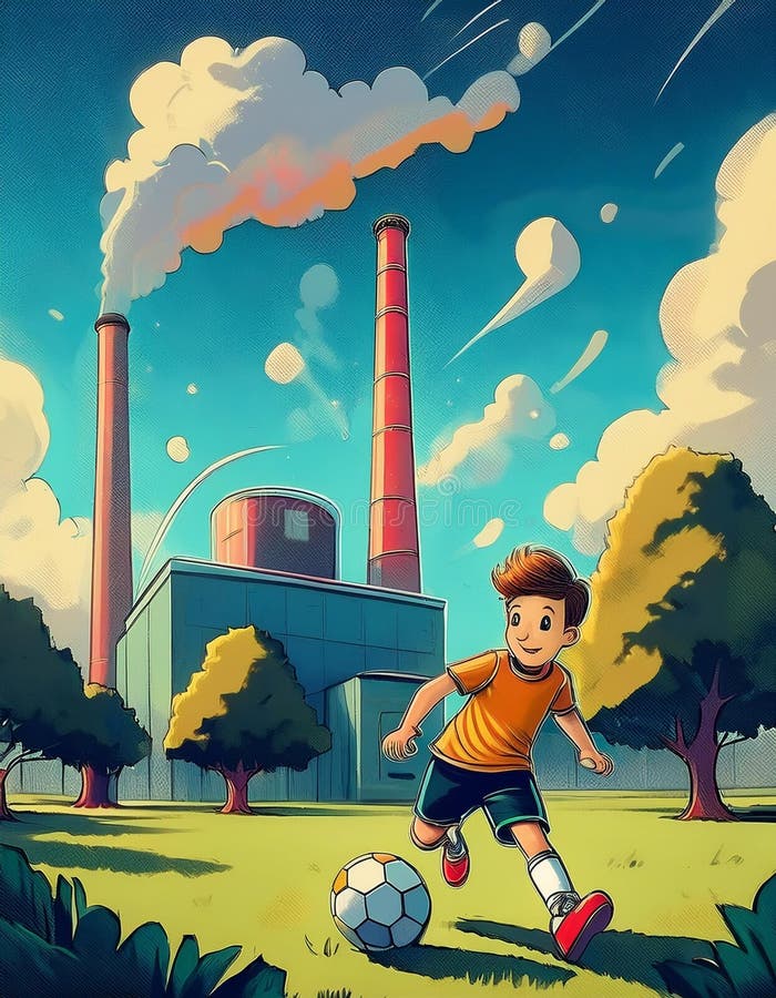 Child Playing Football in Enviremental Pollution Cartoon Stock ...