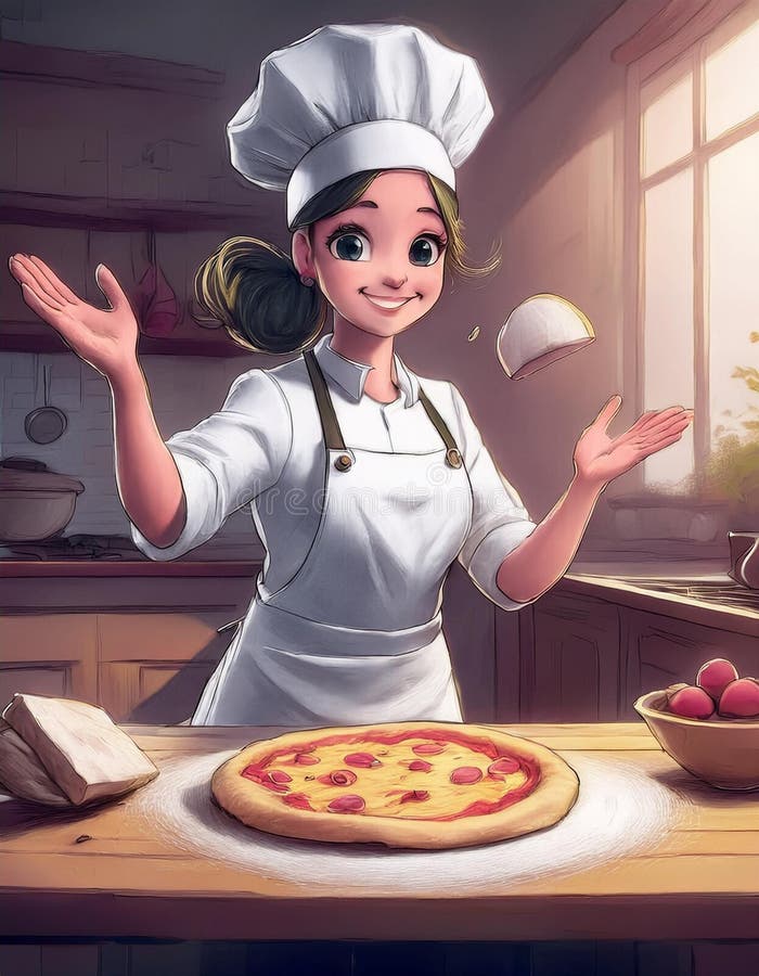 Pizza Chef in Kitchen Cartoon Stock Illustration - Illustration of woman, person: 349846094