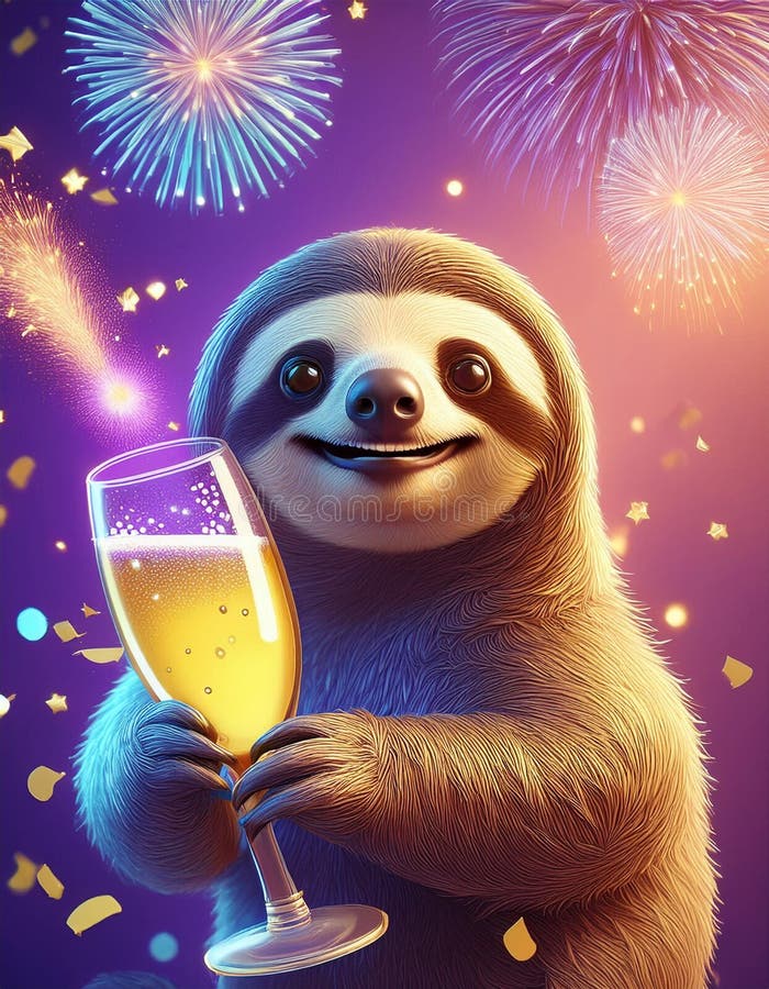 Sloth New Year Party with Fireworks Cartoon Stock Image - Image of year ...