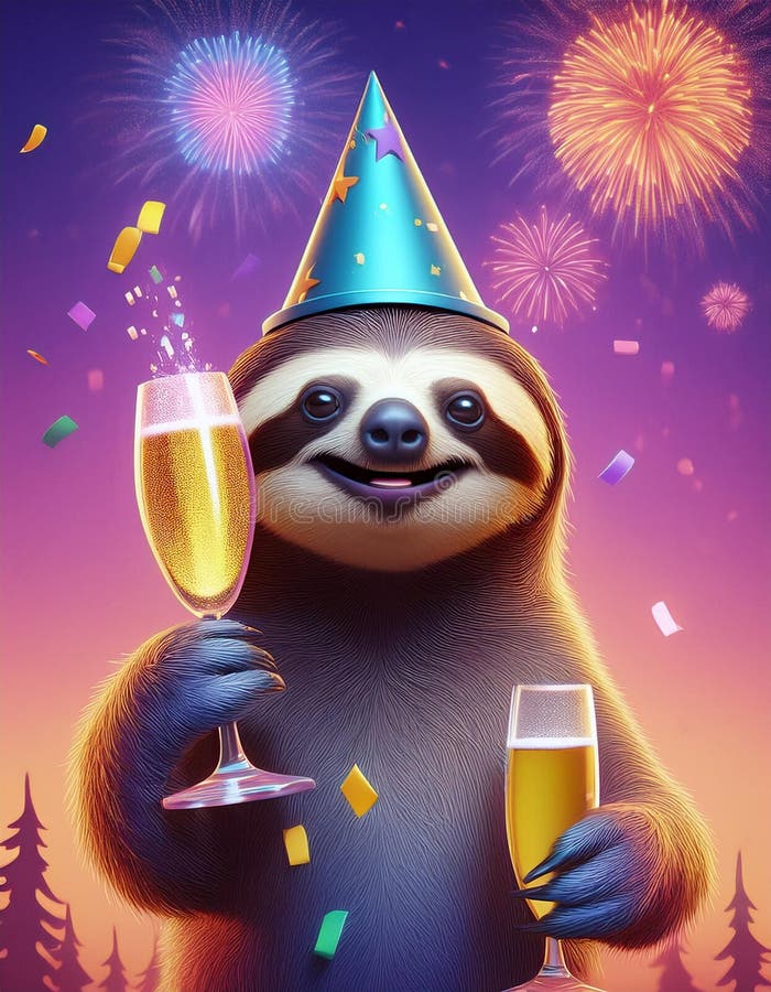 Sloth New Year Party with Fireworks Cartoon Stock Photo - Image of ...